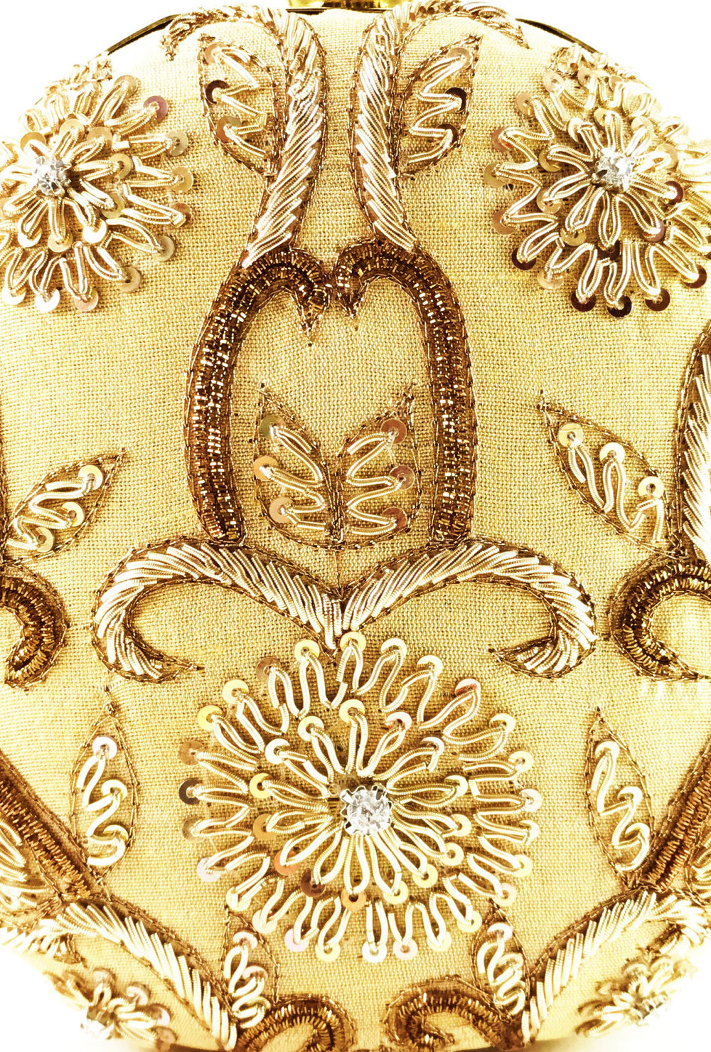 Beige Gold Embroidered Round Clutch bag
